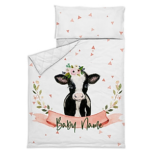 Cute Cow Toddler Nap Mat with Pillow Case and Blanket Quilt, Personalized Sleeping Bags with Name for Daycare Kindergarten Travel, Customized Slumber Bags for Kids Girls Boys, Sleep Sack