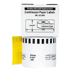 HOUSELABELS Compatible with DK-2205 Replacement Roll for Brother QL Label Printers; Yellow Continuous Length Labels; 2-4/9" x 100 feet (62mm*30.48m) - 6 Rolls
