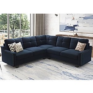 HONBAY Convertible Sectional Sofa L Shaped Couch for Small Apartment Reversible Sectional Couch for Living Room,Velvet Dark Blue
