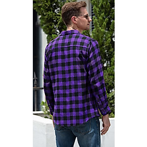Cromoncent Men's Casual Plaid Flannel Long Sleeve Button Down Shirt,Purple Black,Medium