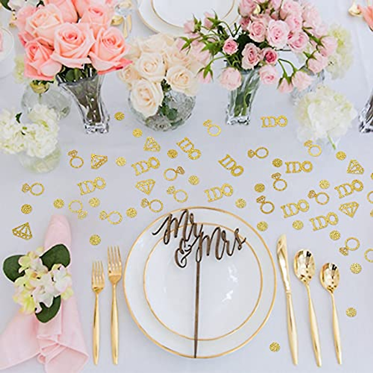 Juome 450Pcs Gold Wedding Table Confetti, Glitter Confetti for Bridal Shower Engagement Party, Diamond Ring I Do Paper Confetti Bachelorette Table Scatters Decorations