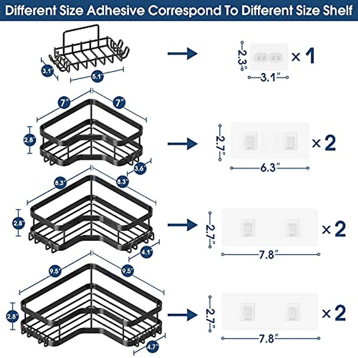 biukpci 4 Pack Corner Shower Caddy,Shower Organizer,Adhesive Stainless Steel Bathroom Shelf with Soap Dish Holder and 15 Hooks,No Drilling