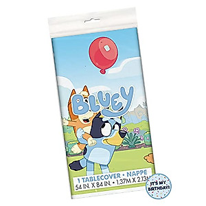 Unique Bluey Birthday Party Supplies - Rectangular Plastic Table Cover and Sticker
