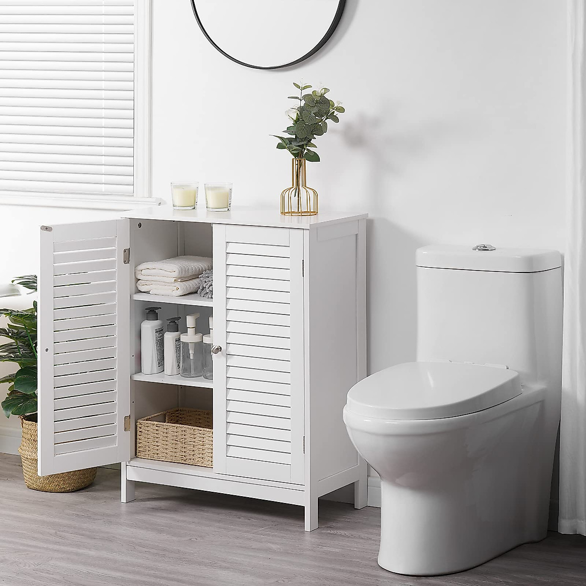 Reettic Bathroom Freestanding Storage Cabinet, Floor Storage Cabinet with 2 Doors, Bathroom Cabinet with Adjustable Shelf, 23.6" L x 11.8" W x 31.5" H, White BMGZ301W