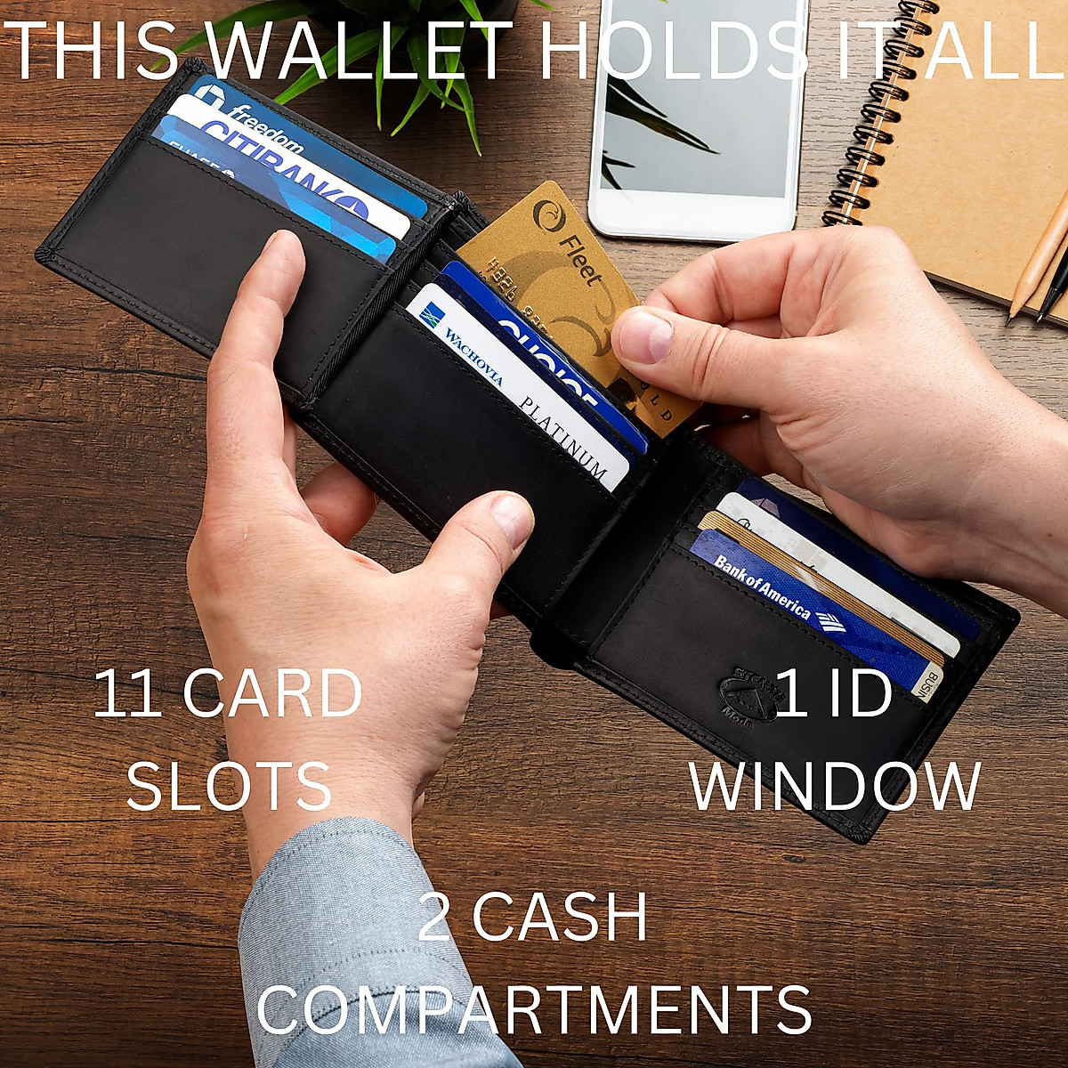 Stealth Mode Leather Bifold Wallet for Men - RFID Blocking, 11 Card Slots, Gift Box