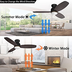 Ceiling Fan with Lights, Indoor & Outdoor Ceiling Fan，48" Low Profile DC Smart Ceiling Fan Works with Alexa, Siri, Google Home & Smart APP, 2 Colors of Reversible Blades, Dark Walnut & Light Wood