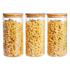 Vtopmart Set of 3 Glass Food Storage Jars, 50oz Food Containers with Airtight Bamboo Wooden Lids for Pasta, Nuts, Flour, Glass Canisters for Kitchen, Pantry Organization and Storage, BPA Free