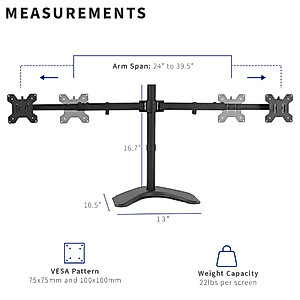 VIVO Premium Dual Ultra Wide LCD LED 27 to 38 inch Monitor Desk Stand, Heavy Duty, Free-Standing Telescoping Arms, Flush Wall Setup, Fits 2 Screens, Black, STAND-TS38B