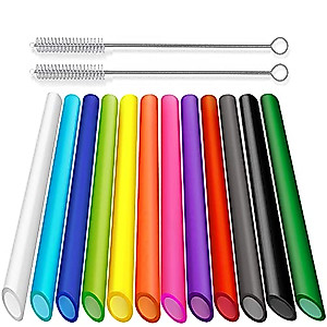 ALINK 12 PCS Reusable Boba Straws, 13 mm x 10.5 inch Long Wide Colored Plastic Smoothie Straws for Bubble Tea, Tapioca Pearls with 2 Cleaning Brush - Pointed Design