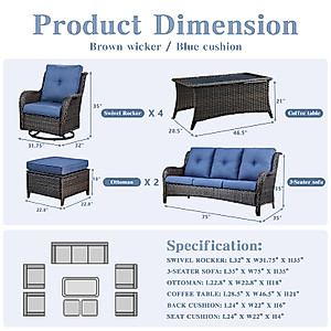 Belord Wicker Patio Furniture Sets - 8 Piece Rattan Outdoor Furniture Conversation Sets with 4 Swivel Rocker Chairs, Rattan Sofa, Wicker Ottomans and Coffee Table, Brown/Blue