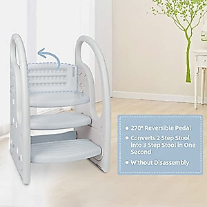 Toddler 3 Step Stool Onasti Kids Standing Tower for Toddlers Plastic Learning Helper Stool for Kitchen Counter Bathroom Sink Toilet Potty Training with Handles and Non-Slip Pads-Grey White
