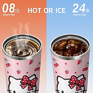 Kitty Tumbler for Adults Water Bottle 30 Oz Tumbler with Handle and Straw Kitty Cups for Kids Pink Coffee Mug Kitty Stuff Cat Insulated Cup Gifts for Girl Women