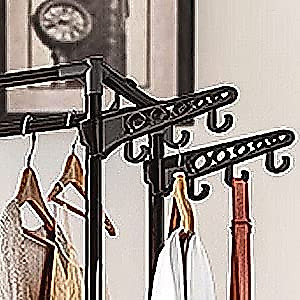 Sasoiky Garment Rack,Shoe Clothing Organizer Shelves,Freestanding Multifunctional Clothes Wardrobe- Closet with Hooks (Black)