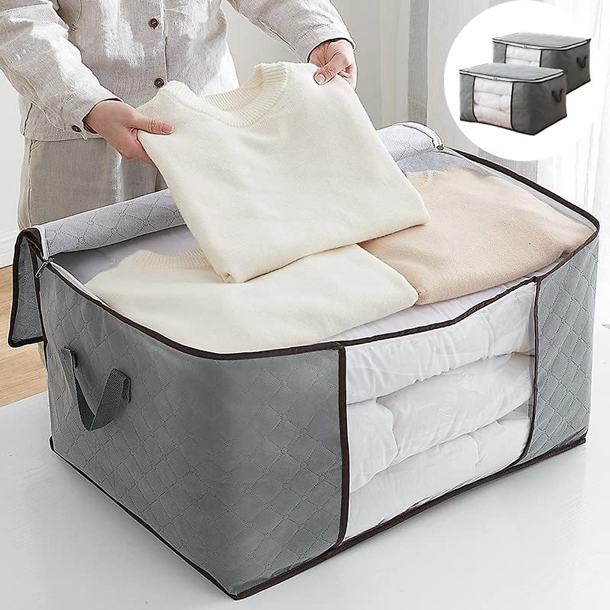 80L Foldable Storage Bins Clothes Comforters Blankets Quilts Duvets Pillows Bedding Storage Containers with Handles (Gray,2)