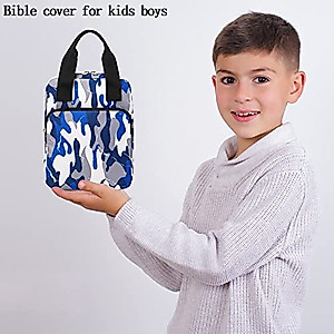 DSIUE Bible Cover for Kids Boys Book Carrying Case Scripture Bag with Handle Pockets Childrens Teens Church Bag Camo Blue