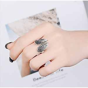 FLYYQMIAO Adjustable 925 Vintage Silver Angel Wing Open Rings Finger Ring Fashion Feather Cast Black Vintage Open Cuff Ring Punk Jewelry for Women Men