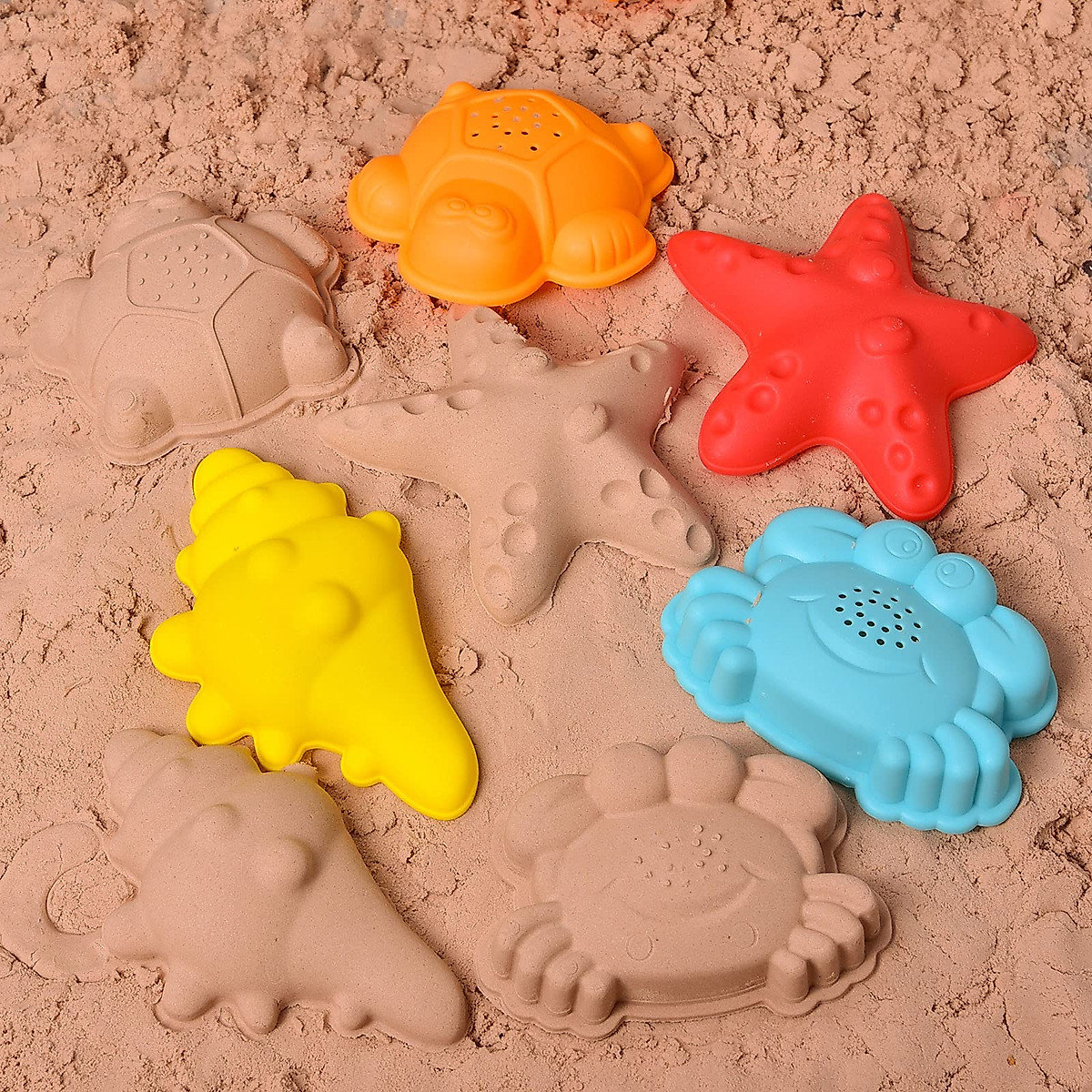 FUN LITTLE TOYS Sand Toys with Silicone Foldable Beach Bucket, Animal Sand Molds, Beach Shovel, Carrying Net, Bithday Gifts for Boys Girls