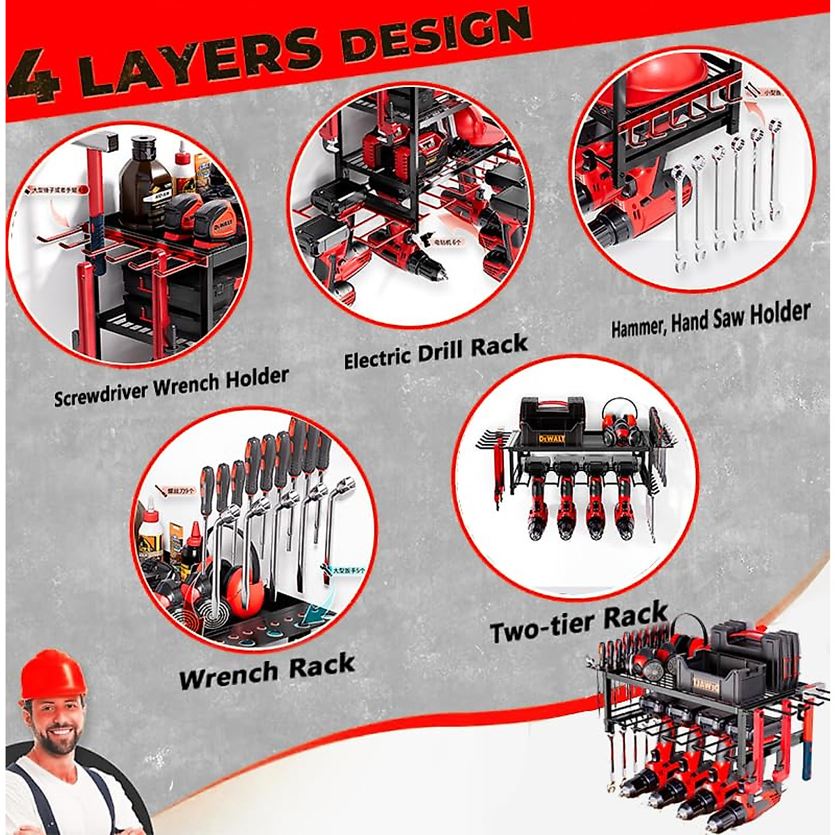 Power Tool Organizer, Garage shelving 2 Layers Garage Tool Organizers 4 Drill Holder Wall Mount, and Heavy Duty Metal Tool Shelf with Screwdriver Holder/Plier Holder/Hammer Holder (Black, 2_Layer)