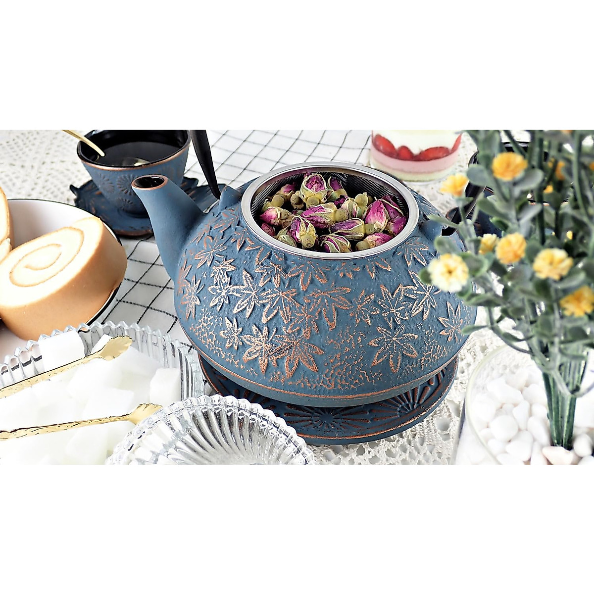 3 Piece Set Japanese Cast Iron Teapot Large Capacity 40Oz with Trivet and Loose Leaf Tea Infuser, Cast Iron Tea Kettle Stovetop Safe. Tetsubin Coated with Enamel Interior - Blue Teapot