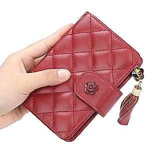 Women Bifold Leather Wallet Nlocking Ladies With Card Holder Window Coin Purse (Red)