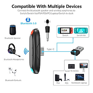 Bluetooth Adapter for Nintendo Switch/Lite, BT 5.0 Wireless Audio Transmitter with Low Latency USB C to A Converter for Bluetooth Headphone Speakers on PS4 PS5 PC Laptop Airpods