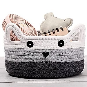 Cat Basket Storage Woven Basket Organizer with Ears Decorative Pet Toy Cute Basket Cotton Rope Basket for Gifts Cat Dog Toy Bin Nursery Room Kids Toy (White, Light Gray and Gray, 8.3 x 4.7 Inch)