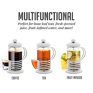 OVENTE French Press Carafe Coffee & Tea Maker 20 Ounce, 4 Filter Stainless Steel Plunger System & Durable Borosilicate Heat Resistant Glass, Portable Easy Clean Pitcher with Free Scoop, Silver FSH20S