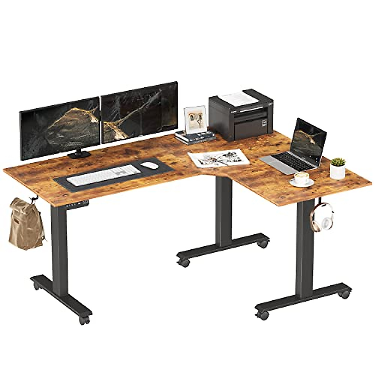 BANTI Triple Motors 63" L Shaped Standing Desk Height Adjustable, Electric Stand up Corner Desk, Sit Stand Home Office Desk Computer Workstation with Memory Preset, Rustic Brown Top
