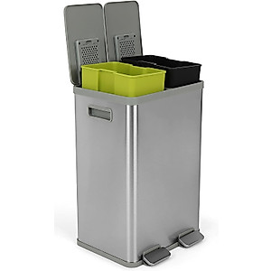 40 Liter Rectangular Hands-Free Dual Compartment Recycling Kitchen Step Trash Can with Soft-Close Lid, Brushed Stainless Steel (2 x 20L Capacity)