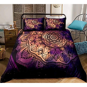 Abojoy Bohemian Duvet Cover Set, Purple Boho Chic Mandala Hippie Indian Galaxy Medallion Ethnic Floral Printed Bedding Soft Microfiber Quilt Duvet Cover with Zipper Closure(Queen, 3pc)