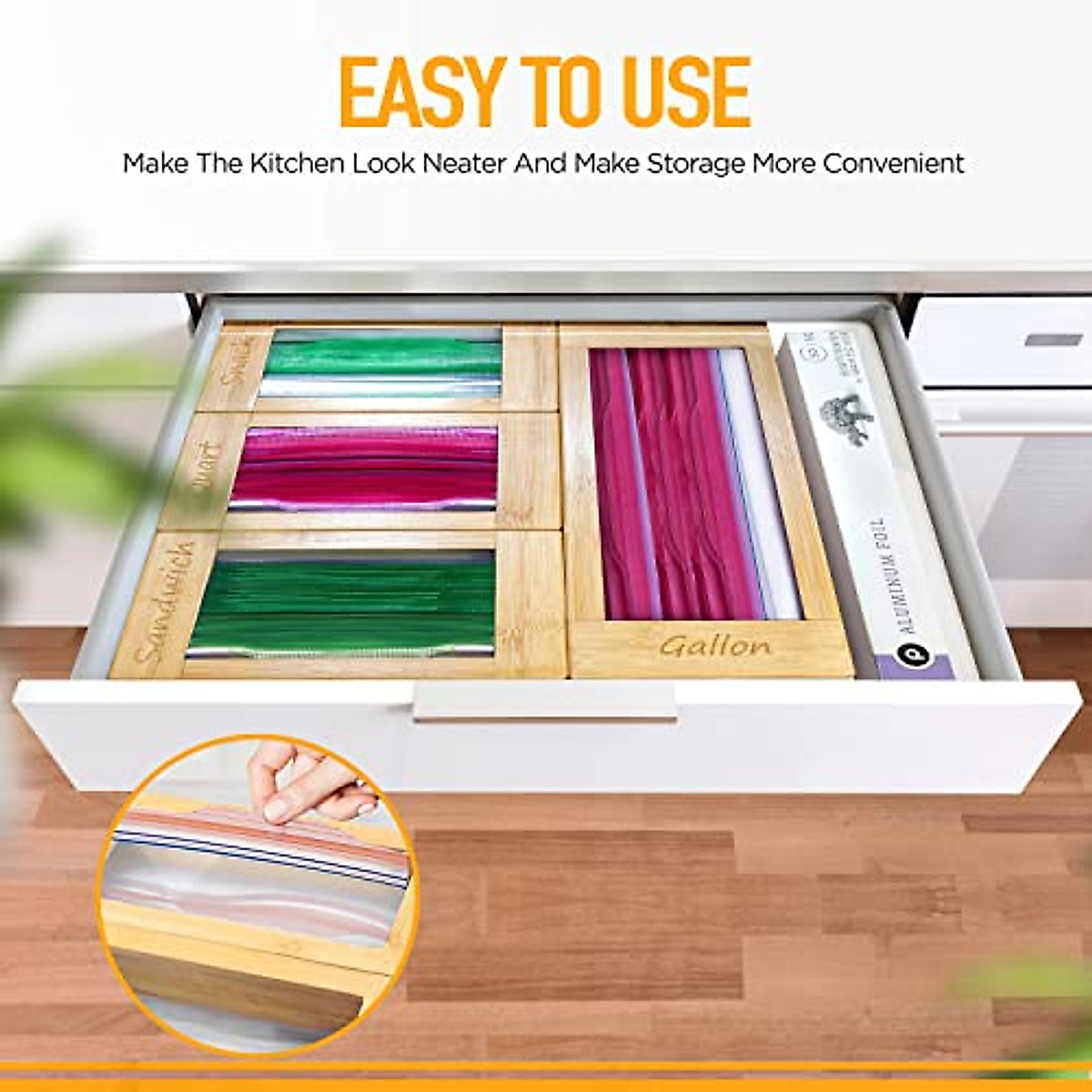 Store-Away Bamboo Ziplock Bag Organizer with Optional Non-Slip Backing - Fits Most Kitchen Drawers & Compatible with Gallon, Quart, Snack, & Sandwich Bags - 4-Pack