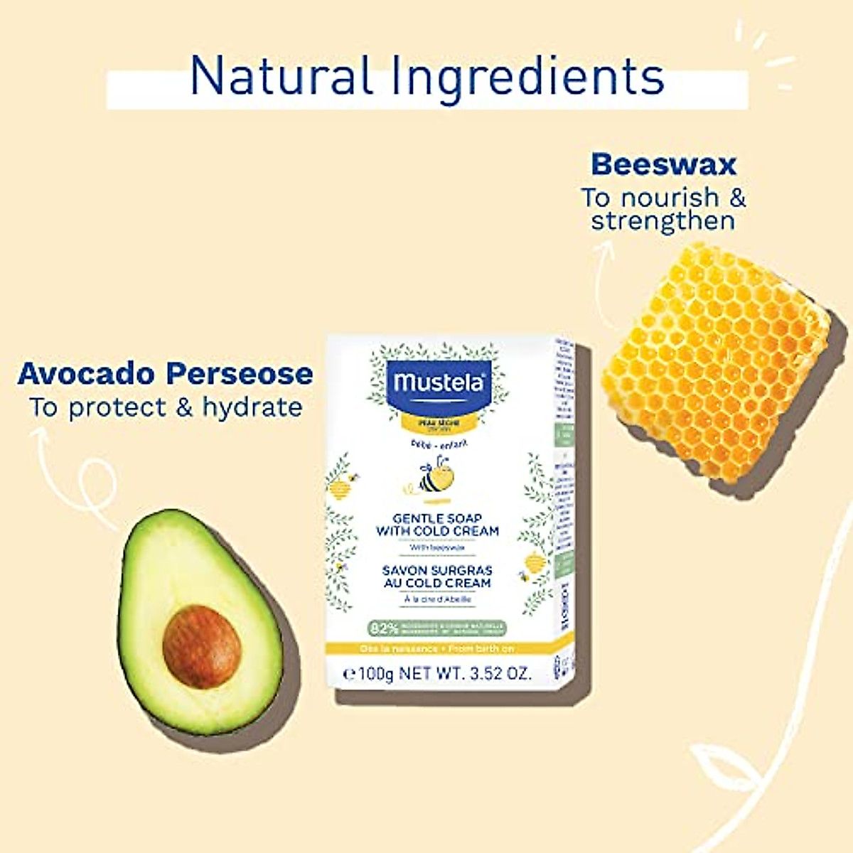 Mustela Baby Gentle Soap - Bar Soap for Dry Skin - with Natural Avocado, Cold Cream, Beeswax & Shea Butter - 3.52 oz