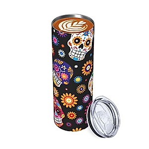 Tangopi Skull Head Floral 20 oz Tumbler with Lid and Straw Insulated Travel Coffee Mug Reusable Spill Proof Coffee Cups Stainless Steel Water Bottle for Hot and Cold Drinks