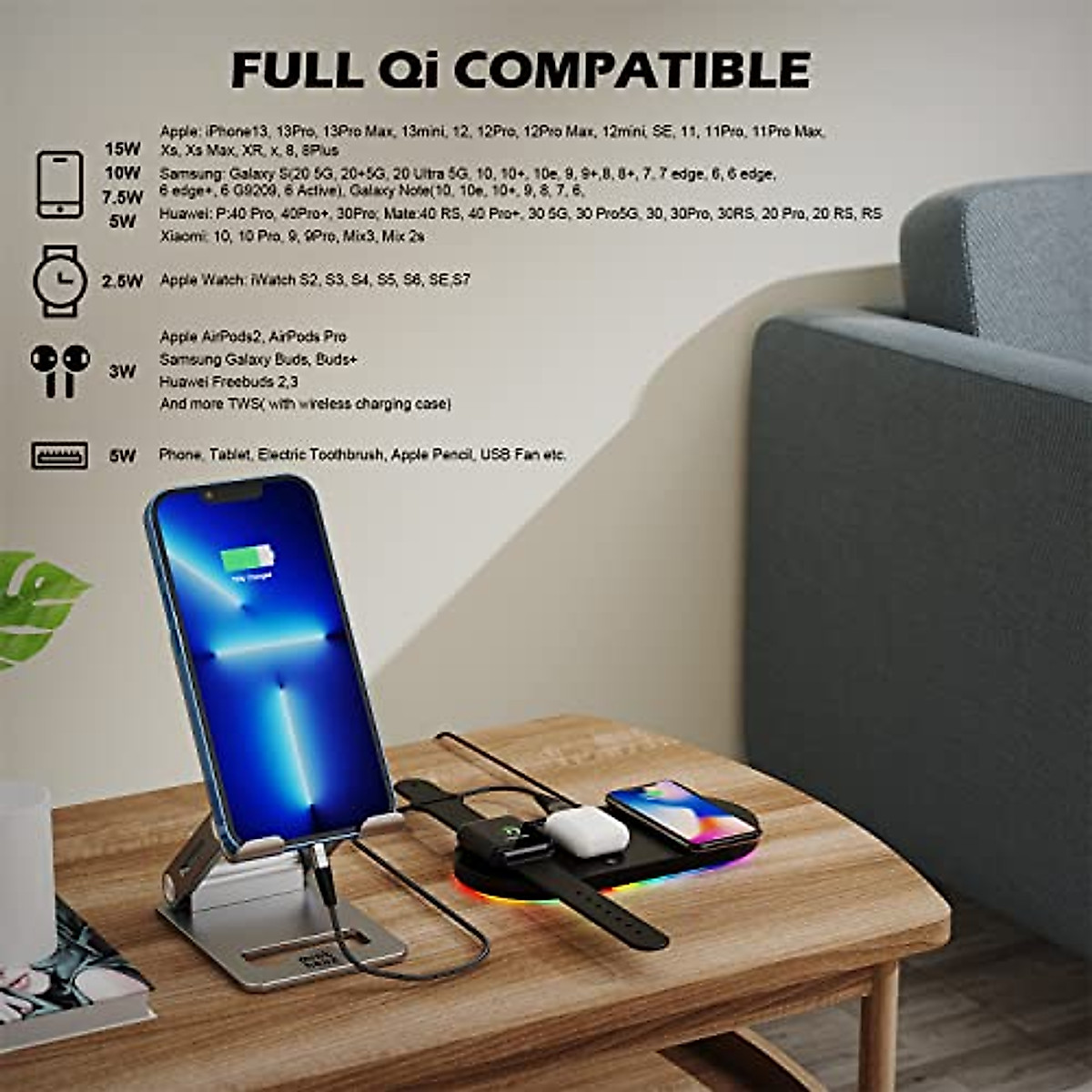 Minthouz 4 in 1 Wireless Charger, 18W Fast Wireless Charging Station for iPhone 13/12/11/XR/X/8 Series/Samsung Phone, Wireless Charging Pad Compatible with Apple Watch, AirPods (with 1 USB C-A Cable)