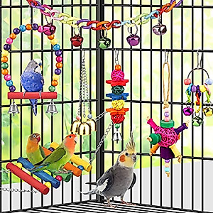 YIXUND Bird Toys for Conures with Colorful Ladder Hammock Bird Cage Accerious Bird Perch Stand Chewing Toys Hanging Bell for Parrot Parakeet Cockatiel Lovebirds