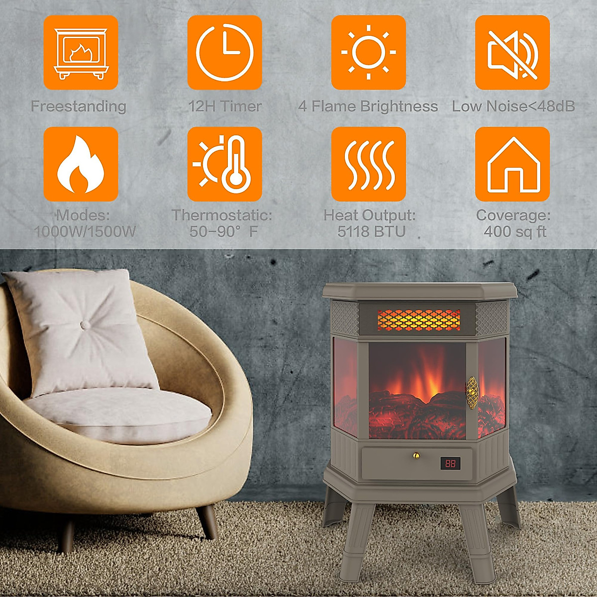 RealSmart Electric Fireplace Heater 22'' Freestanding Fireplace Stove Infrared Fireplace with 3D Flame Effect Remote Control, Timer, Overheating Protection Heater for Indoor Use Brown