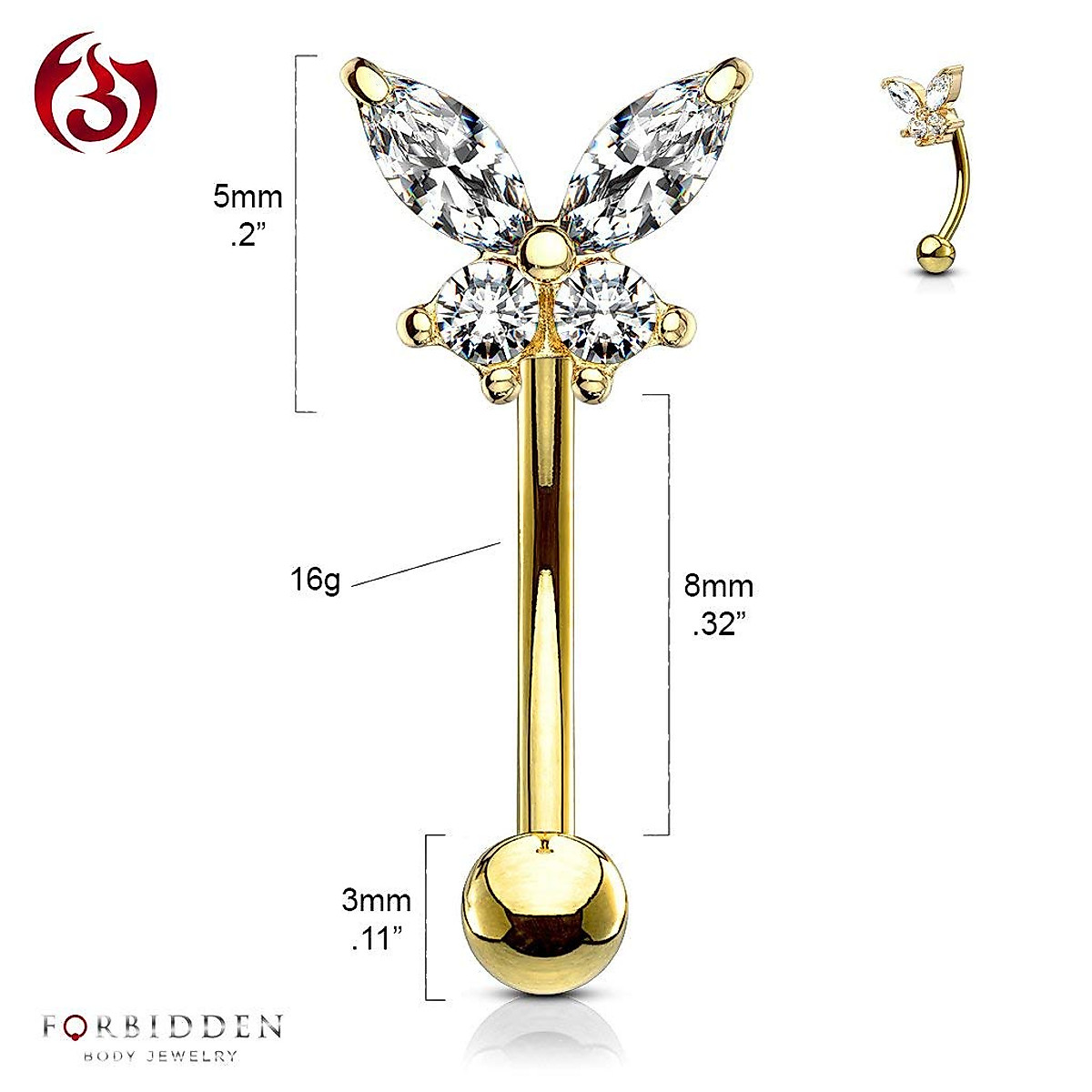 Forbidden Body Jewelry 16g 8mm Curved Barbell for Daith, Eyebrow, Rook & Belly Button w/CZ Butterfly Top, Clear/Gold Tone