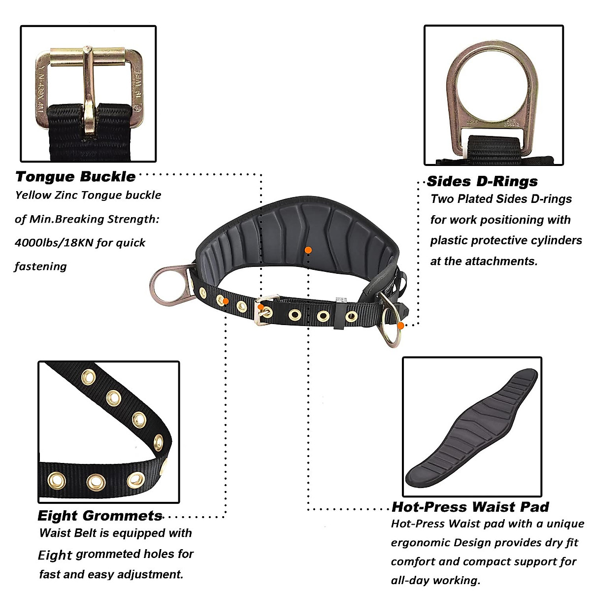 WELKFORDER Tongue Buckle Body Belt With Hot-Pressing Waist Pad and 2 Side D-Rings Personal Protective Equipment Safety Harness | Waist Fitting Size 30'' to 45'' for Work Positioning, Restraint
