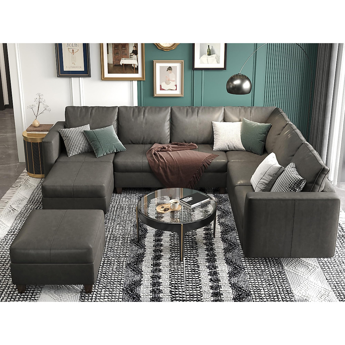 EASE MOOSE Modular Sectional Sofa with Storage, U Shaped Sectional Faux Leather Sectional Couch Large Sectional Sofa, Grey