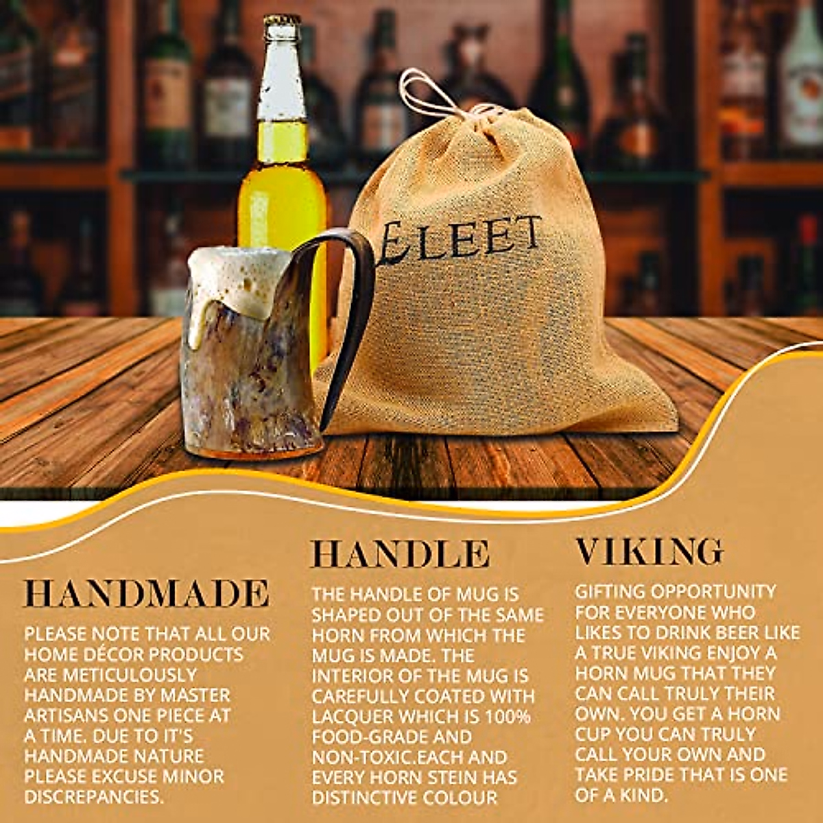 Eleet Original Viking Drinking Horn Mug - 20 Oz Wood Base Extra Large Medieval Inspired Cup Unpolished Natural & Real Horn Tankard (20 Oz Jumbo Unpolished)