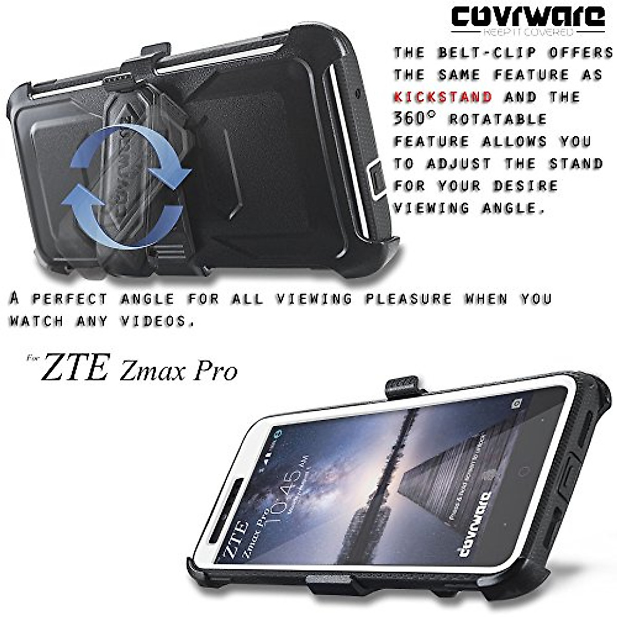 COVRWARE [Iron Tank] case Compatible with ZTE ZMAX PRO/ZTE Carry, with Built-in [Screen Protector] Full-Body Rugged Holster Armor Case [Brushed Metal Texture Design][Belt Clip][Kickstand], White