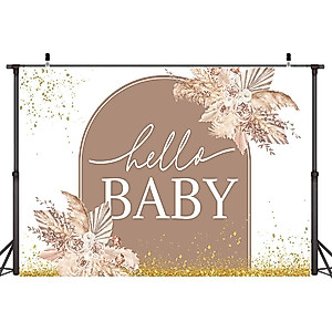 Hilioens 7×5ft Boho Baby Shower Backdrop Hello Baby Boho Pampas Floral Girl Baby Shower Background Oh Baby Gold Dots Newborn Pregnant Announcemen Surprise Party Banner Decorations Supplies