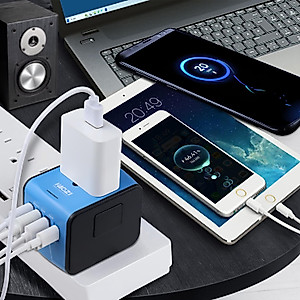 Travel Adapter, HAOZI Universal Travel Adapter - 3 USB + 1 Type C in One Travel Charger with UK/US/AUS/EU Plugs and Socket, International Power Adapter Wall Charger (Type-c Blue)