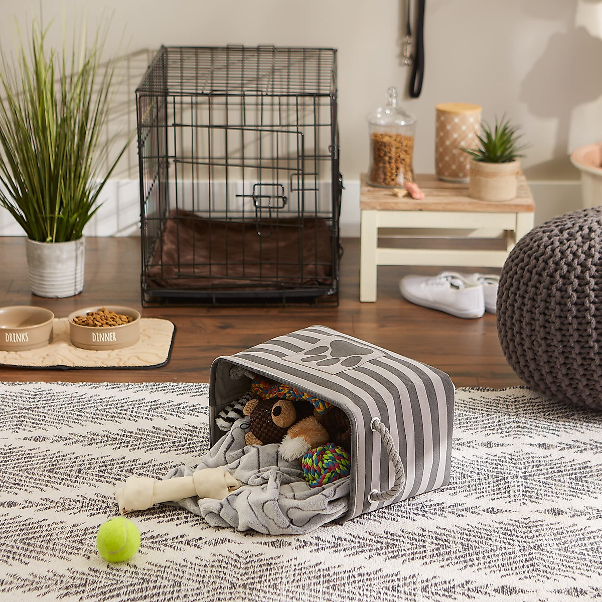 Bone Dry Pet Storage Collection Striped Paw Patch Bin, Small Rectangle, Gray