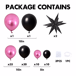 Hot Pink and Black Balloon Arch Kit, 5 10 18 Inch Birthday Party Balloons, Metallic Magenta Black Garland Kit with 2 Black Explosion Star Balloons, DIY Balloon Arch for Birthday Party Decoration
