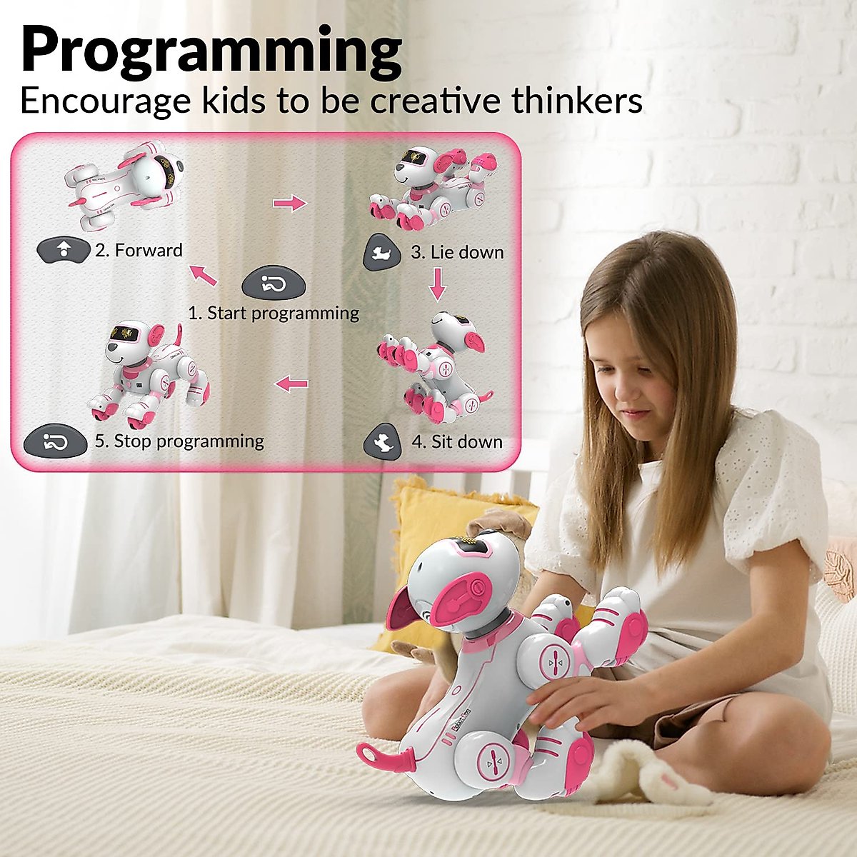 STEMTRON Programmable Remote Control Robot Cat Robot Dog for Kids, Interactive Robotic Dog Robotic Cat, Robo Dog Robo Cat, RC Robot with Touch Sensing, LED Eyes, Dance & Music