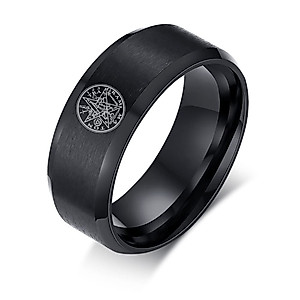 Black Matte Pentagram Pentacle Wiccan Ring - Stainless Steel Occultic Seal of Solomon Tetragrammaton Levi's Pentagra Amulet Finger Ring for Men Women, Size 9