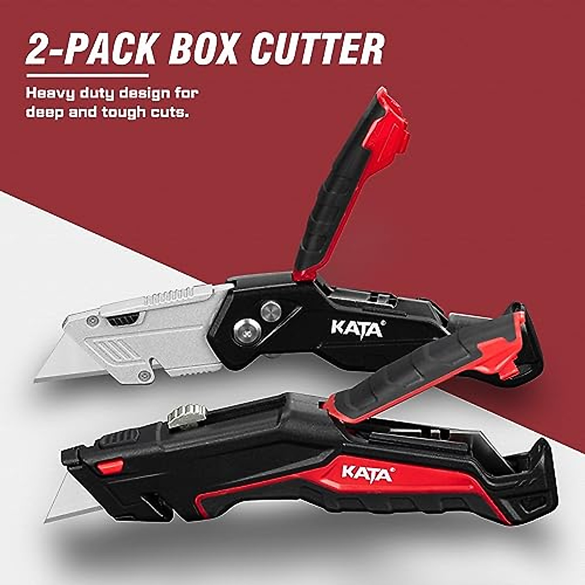 KATA 2-Pack Heavy Dudy Utility Knife Box Cutter Retractable Blade Folding Knife Set, 10pcs SK5 Sharp Blades In Case for Box, Cardboard and Carton