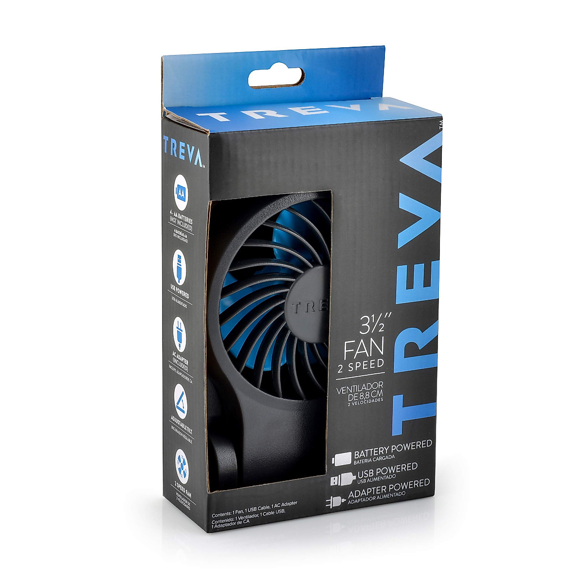 Treva 3.5 Inch Portable Desk Fan with USB Port - Small, Compact, Powerful Airflow, AC Adapter Included