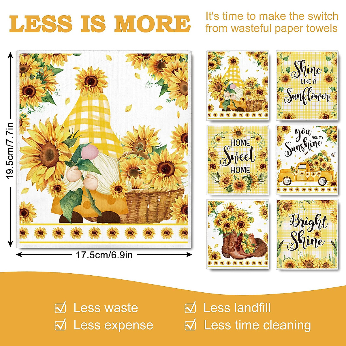 Whaline 6Pcs Sunflower Swedish Kitchen Dishcloths Yellow Flower Gnome Truck Dish Towel Bright Shine Sweet Home Spring Summer Cotton Absorbent Dish Cloth for Cleaning Housewarming, 6.9 x 7.7 Inch